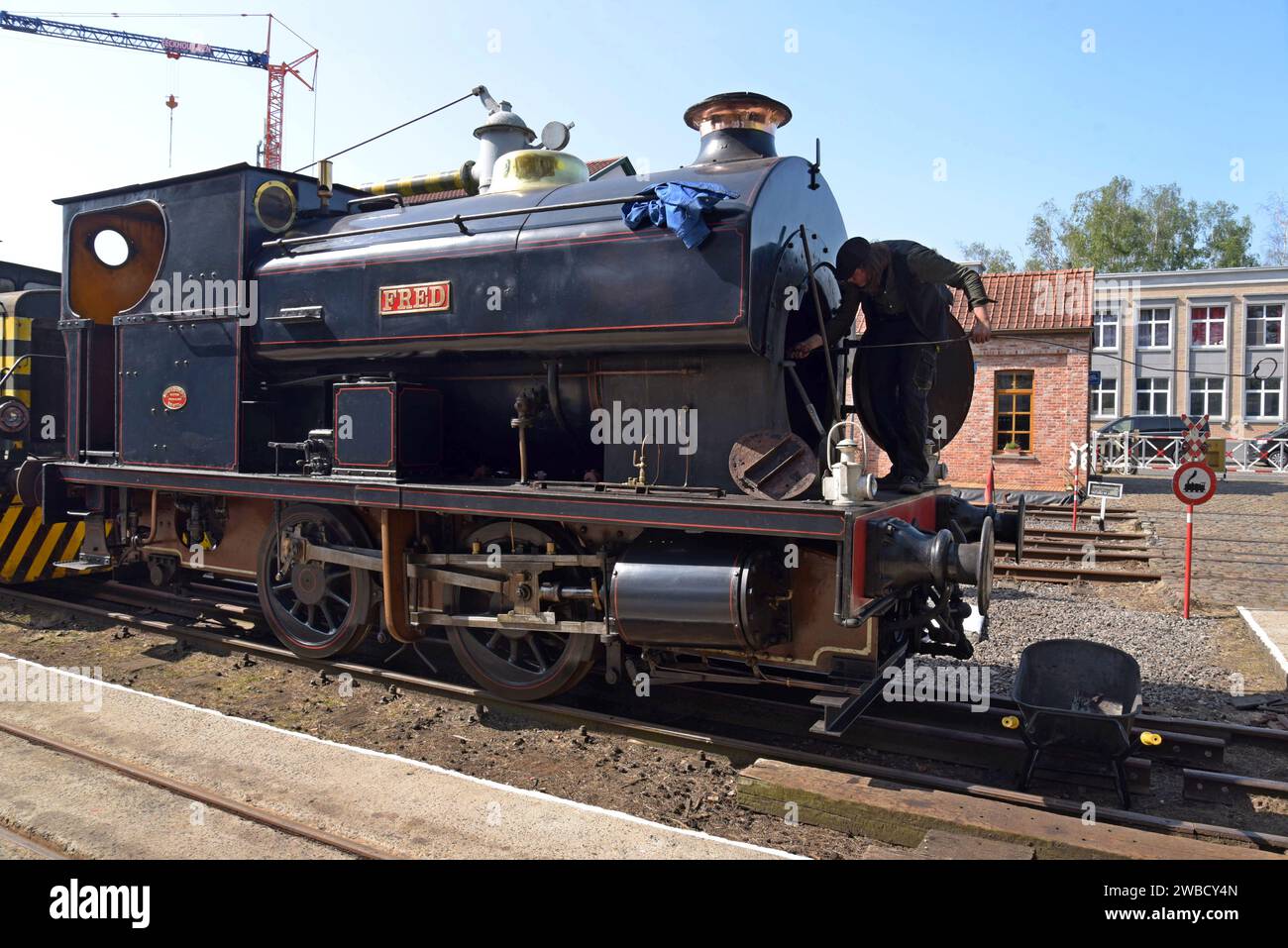 heritage steam locomotive Avonside 0-4-0 "Fred" being cleaned, Maldegem ...