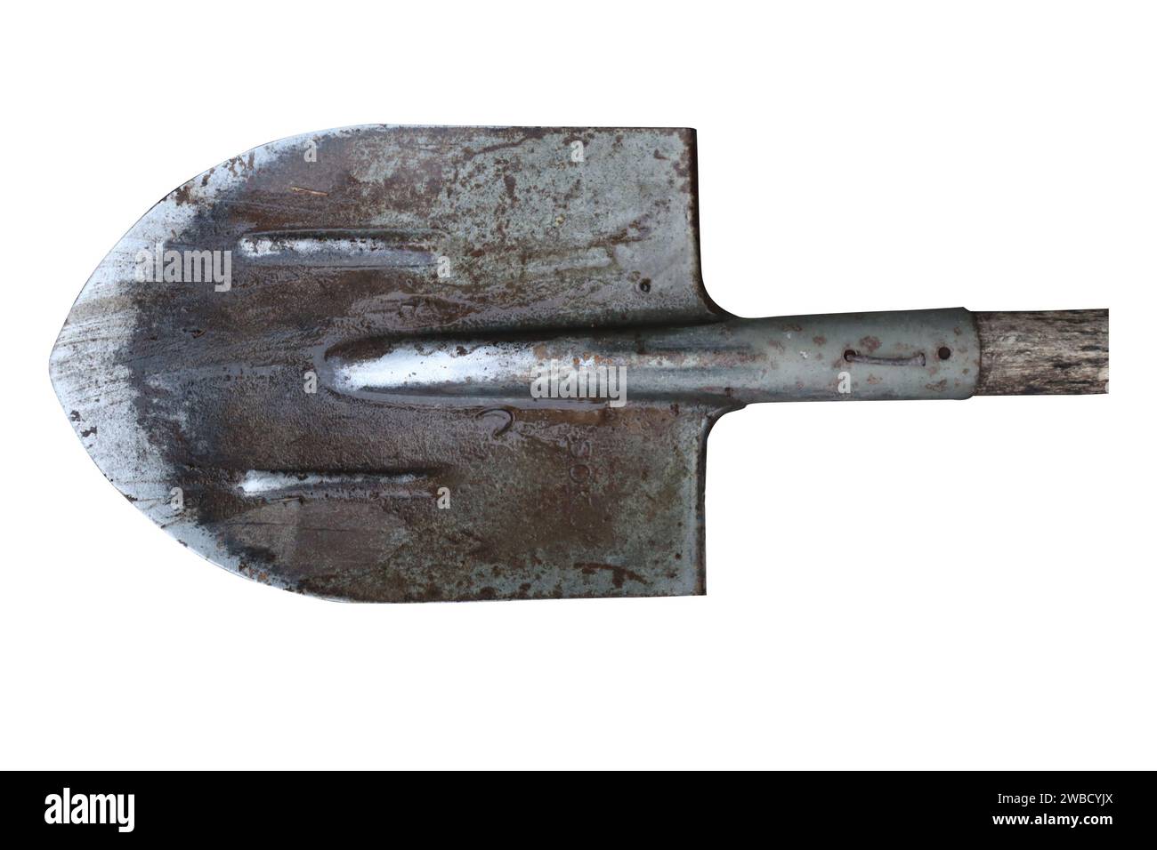 Old used spade gardening tool isolated on white background, close up ...