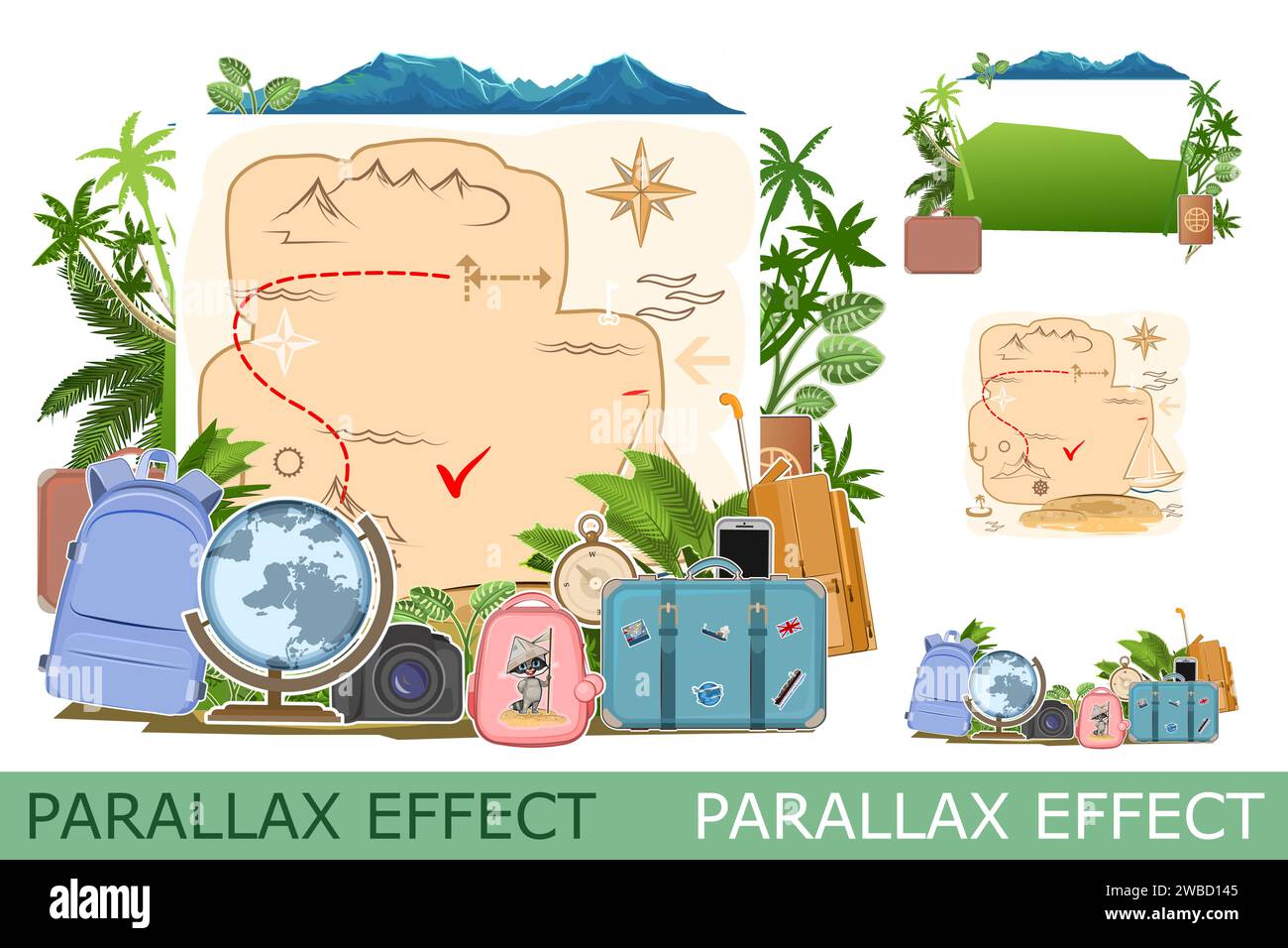 Tourism with maps and suitcases. Set of slides for parallax effect ...