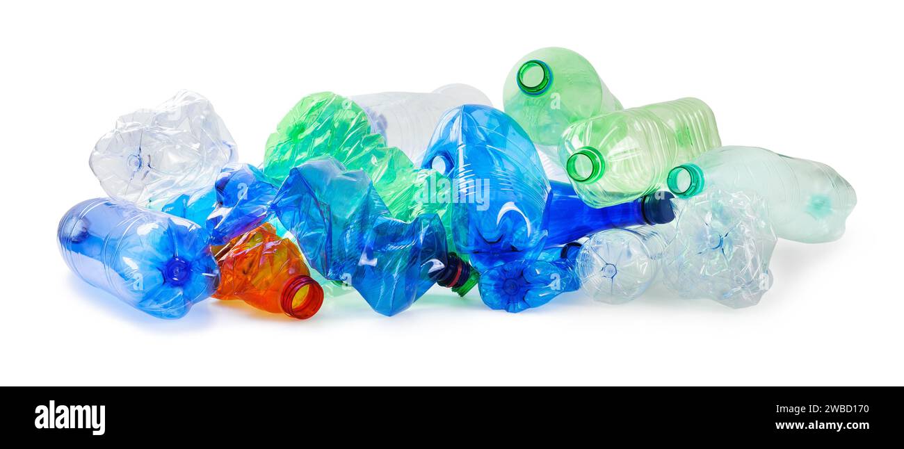 crushed plastic bottles isolated on white background Stock Photo - Alamy