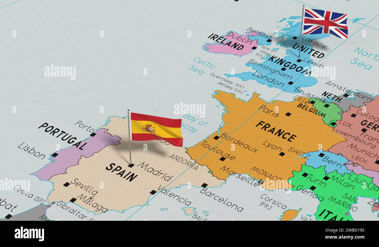 United Kingdom and Spain - pin flags on political map - 3D illustration ...