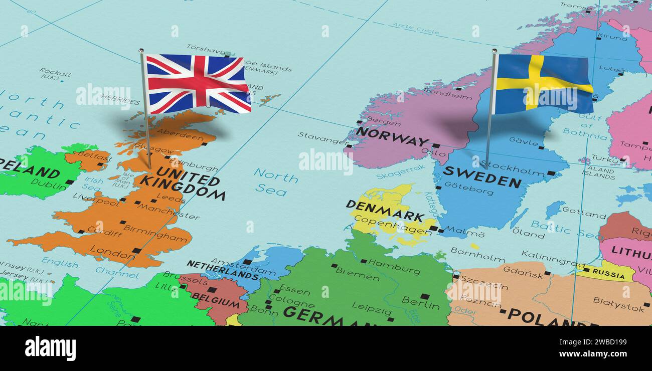 United Kingdom and Sweden - pin flags on political map - 3D ...