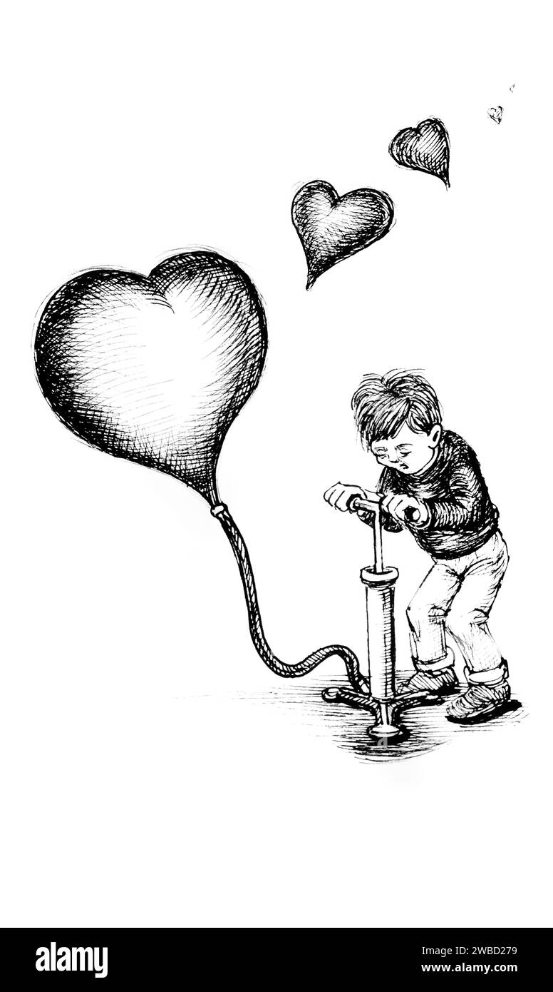 Ink drawing illustration of a child inflating heart balloons Stock ...