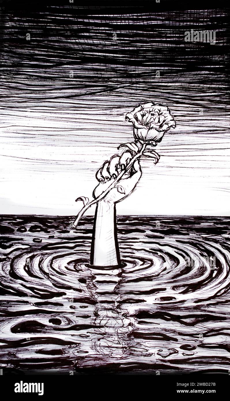 Ink drawing illustration Rose emerging from water, psychology concept ...