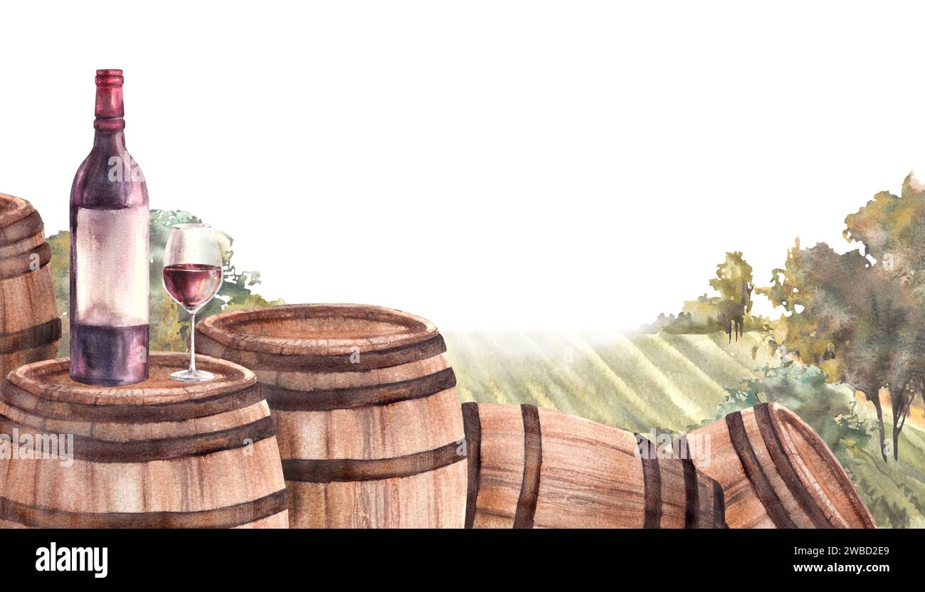 Watercolor hand drawn wine label. Wooden barrels, bottle, glass of red ...