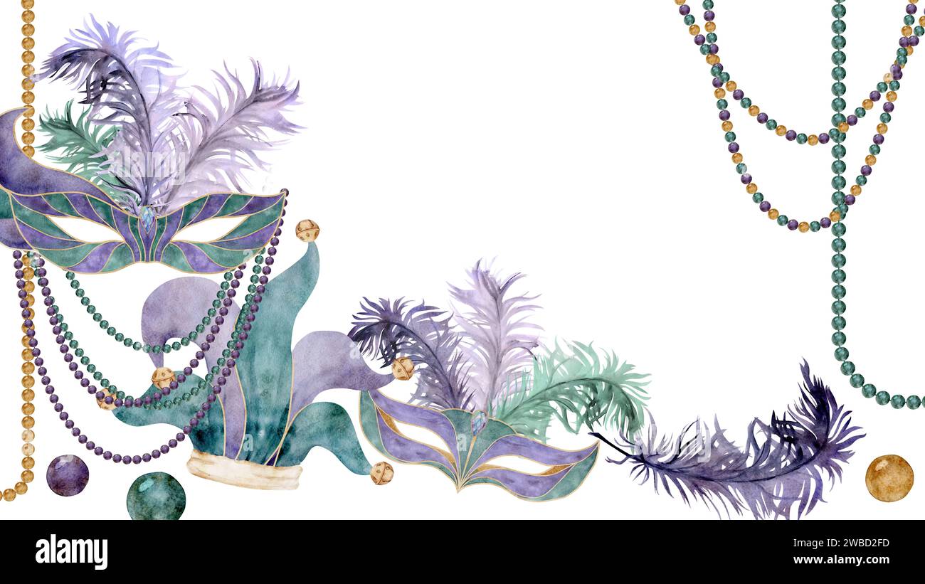 Hand drawn watercolor Mardi Gras carnival symbols. Theater masquerade ...