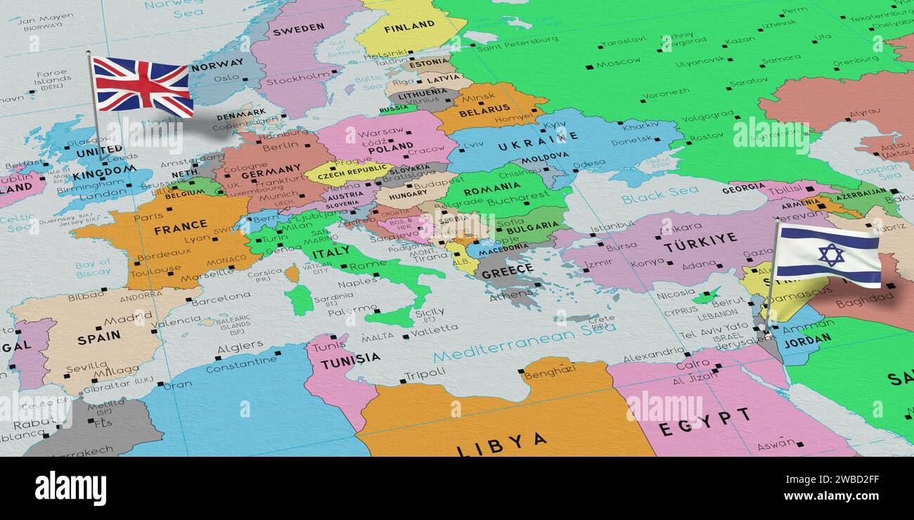 United Kingdom and Israel - pin flags on political map - 3D ...