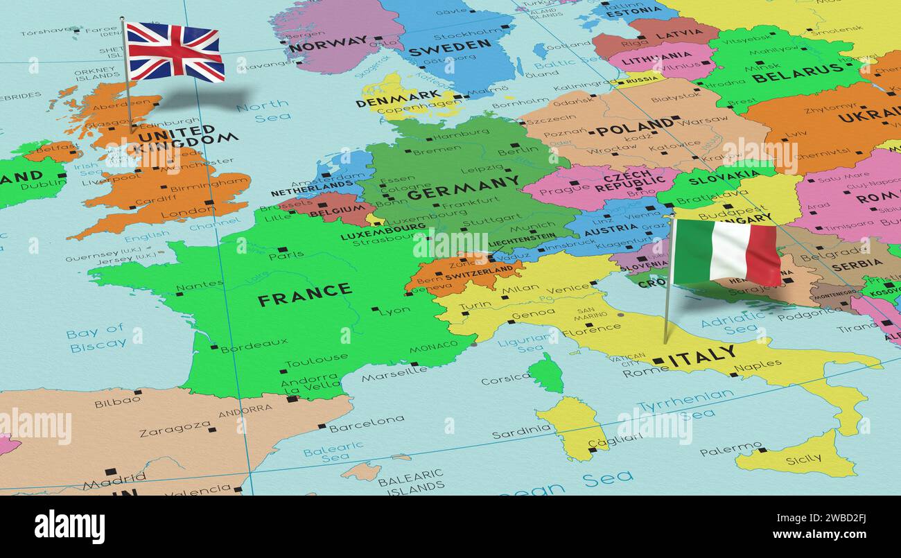 United Kingdom and Italy - pin flags on political map - 3D illustration ...