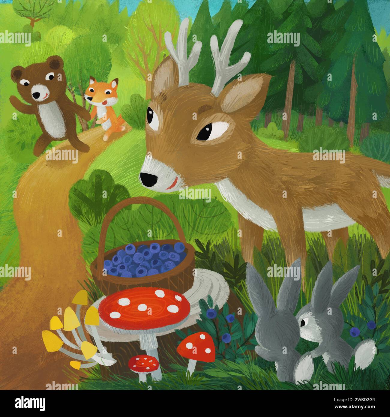 cartoon scene with different forest animals friends bear deer fox ...