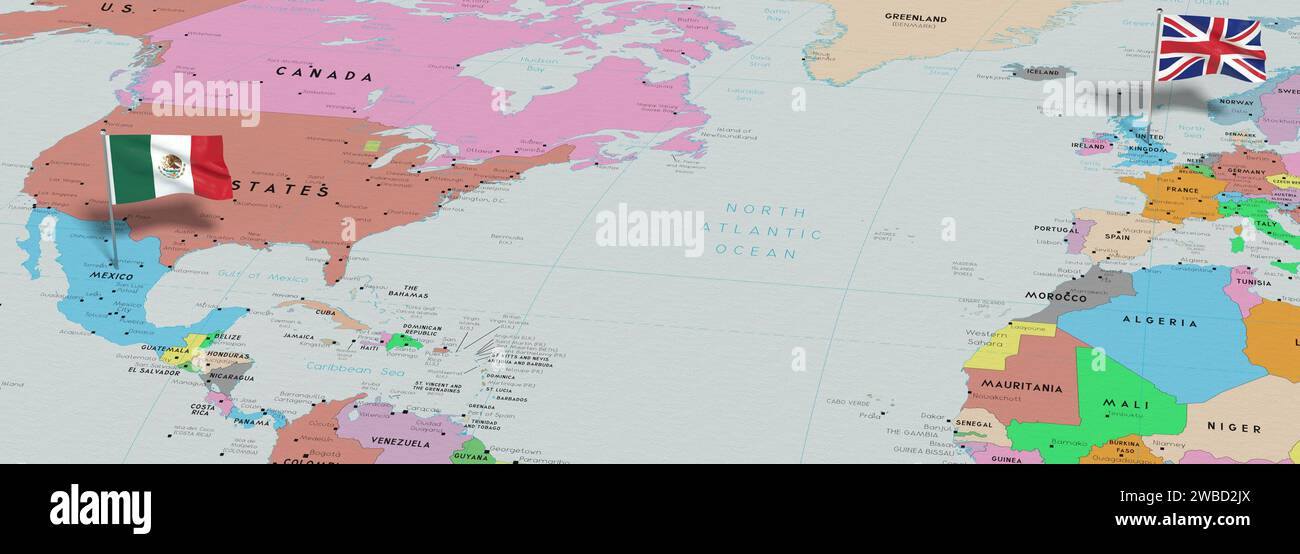 United Kingdom and Mexico - pin flags on political map - 3D ...