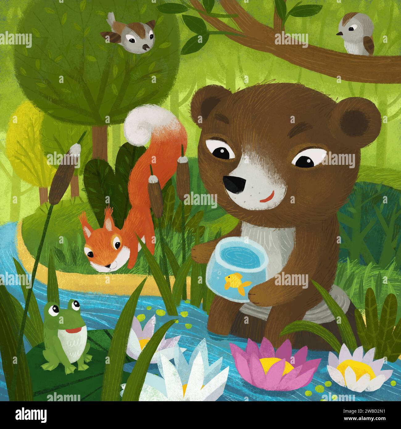 cartoon scene with different forest animals friends bear squirrel ...