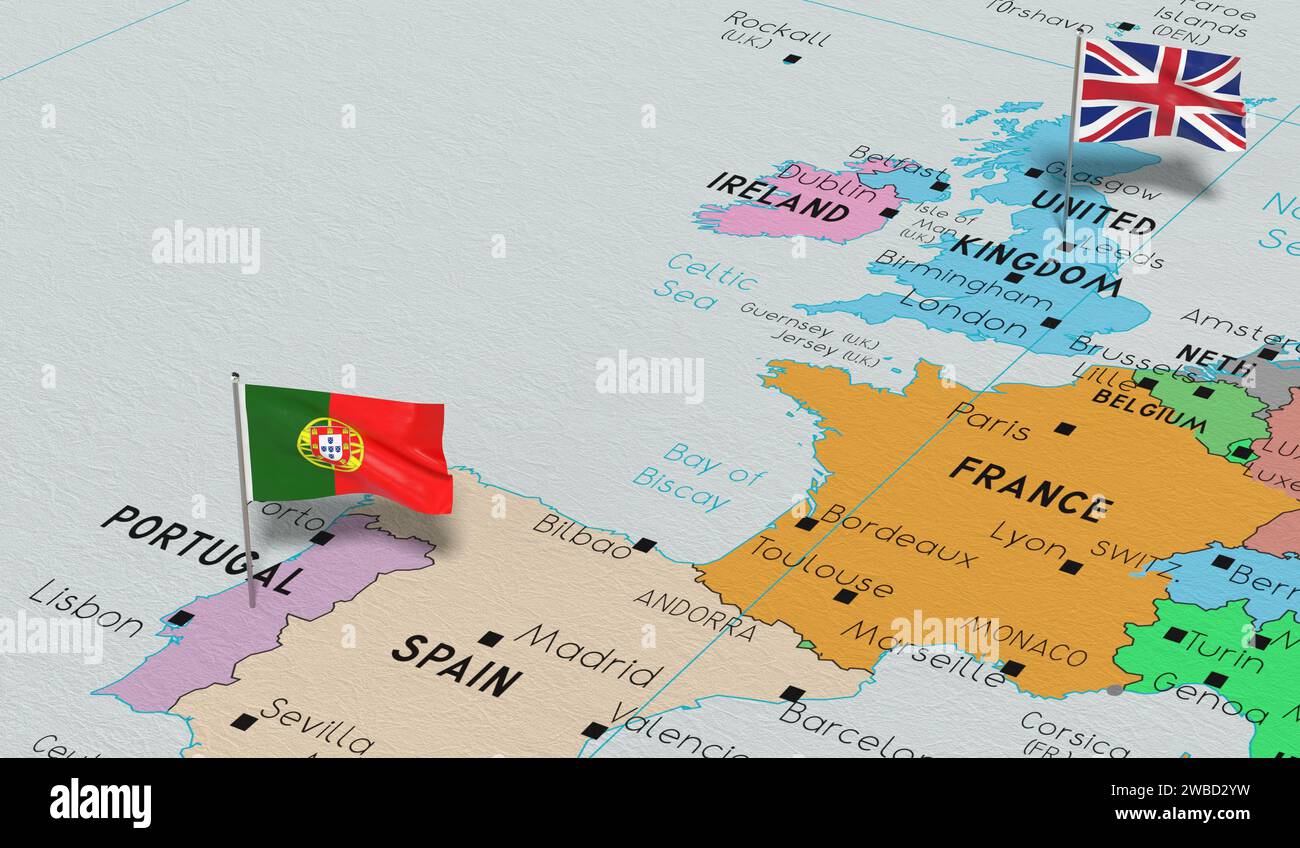 United Kingdom and Portugal - pin flags on political map - 3D ...