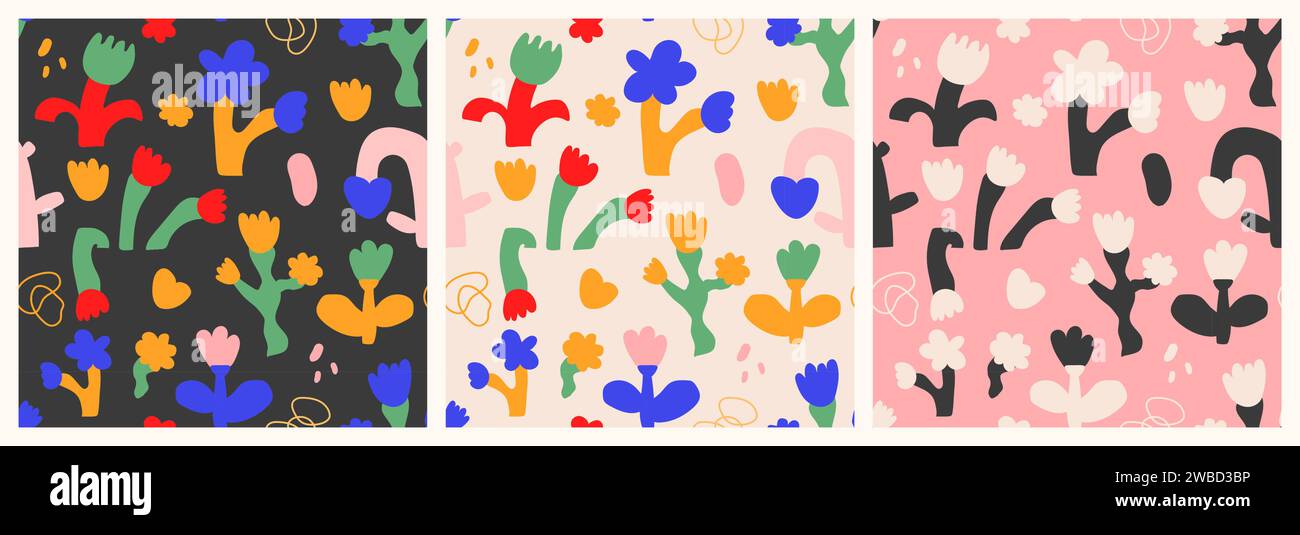Colorful flower seamless pattern set illustration.Abctract funny ...