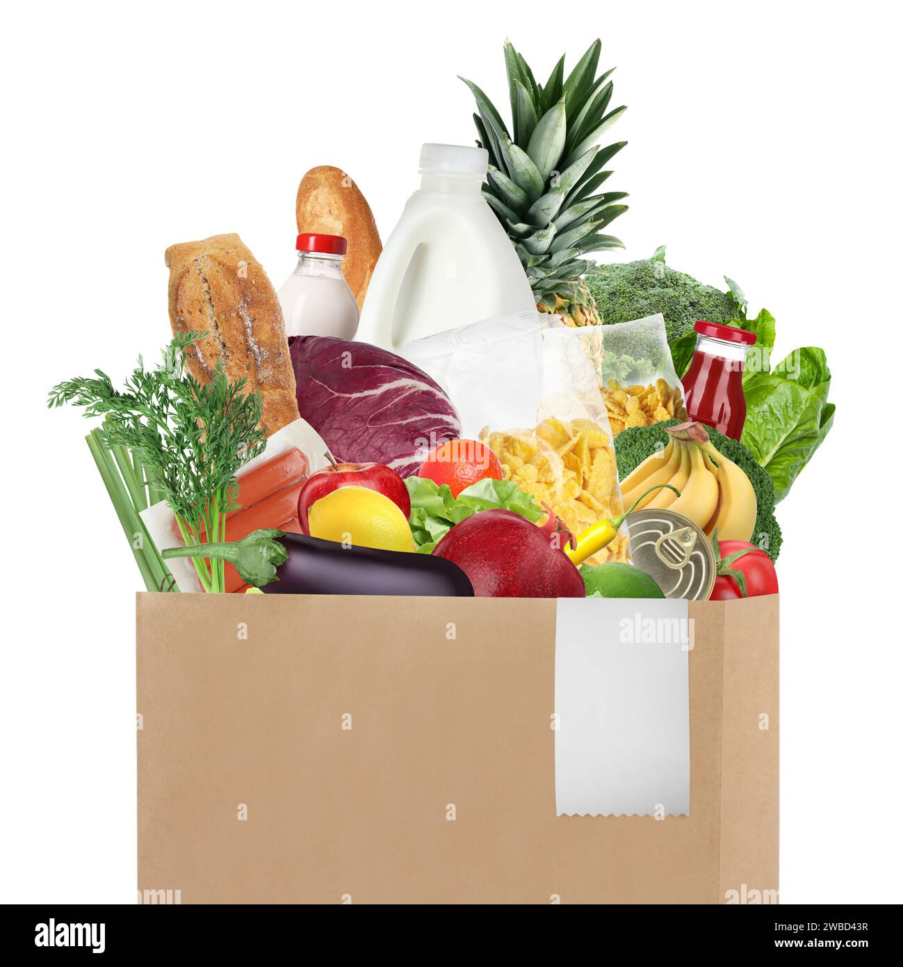 Paper bag with different products and receipt isolated on white Stock ...
