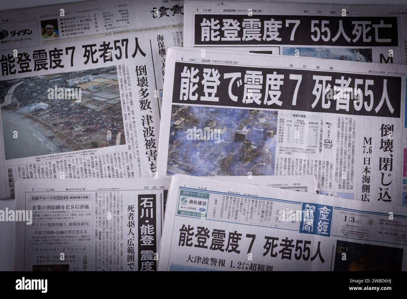 Japanese newspapers on January 3, 2024 reporting the 2024 Noto ...