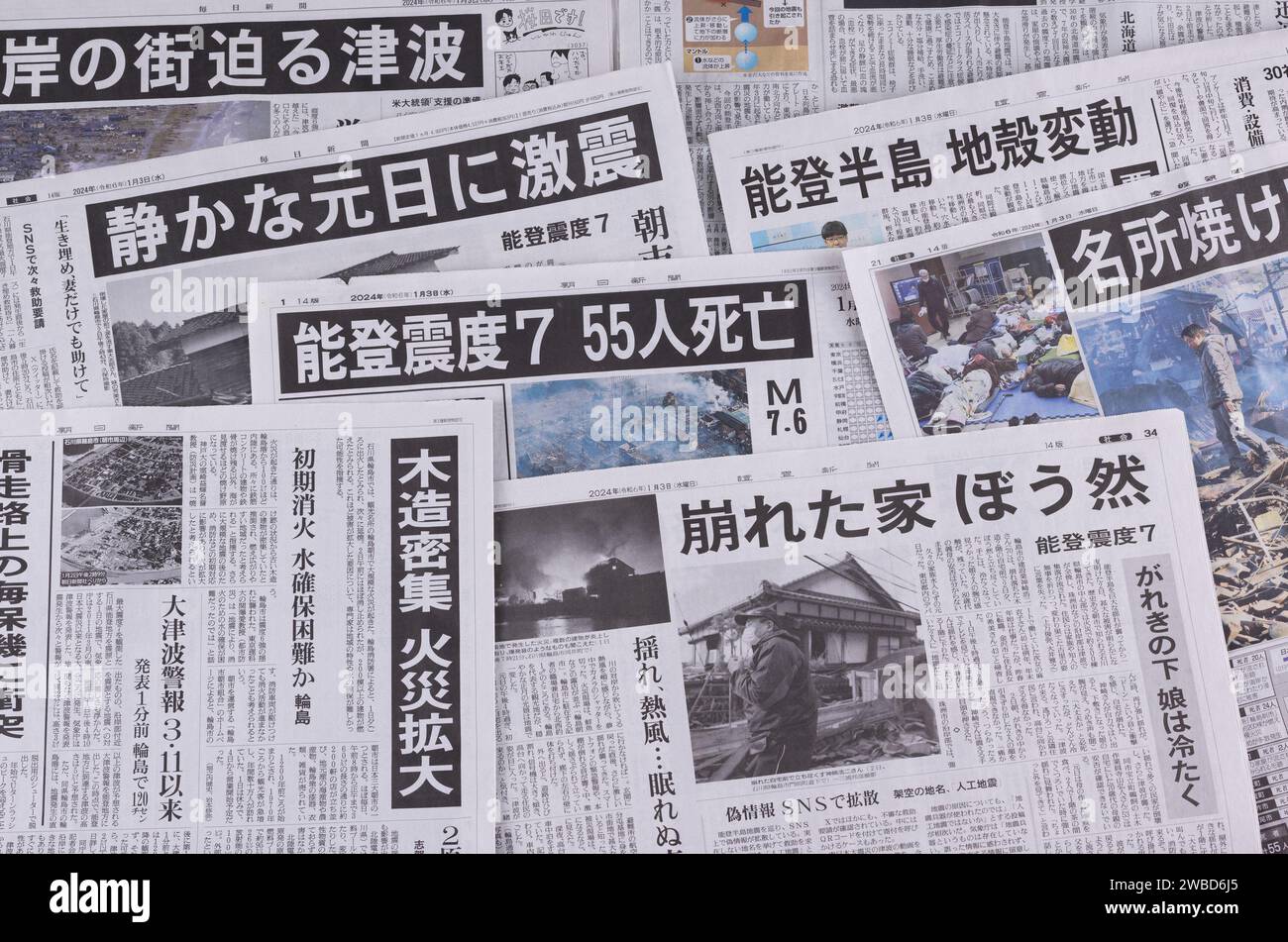 Japanese newspapers on January 3, 2024 reporting the 2024 Noto ...