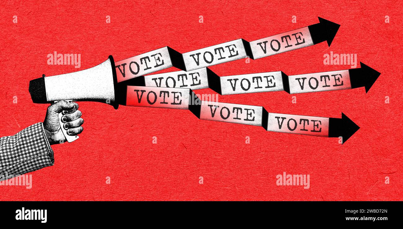 Human hand holding megaphone with vote words over red background ...