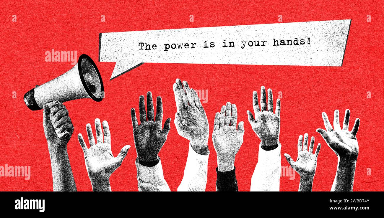 People raising hands over red background. Voting. Choosing candidate to ...