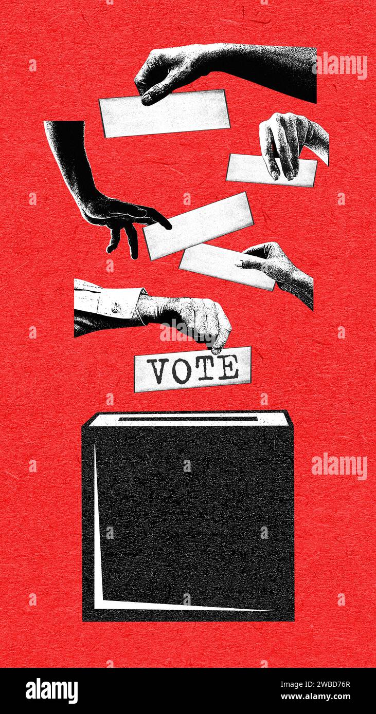 Human hand putting ballot into ballot box, voting for candidate ...