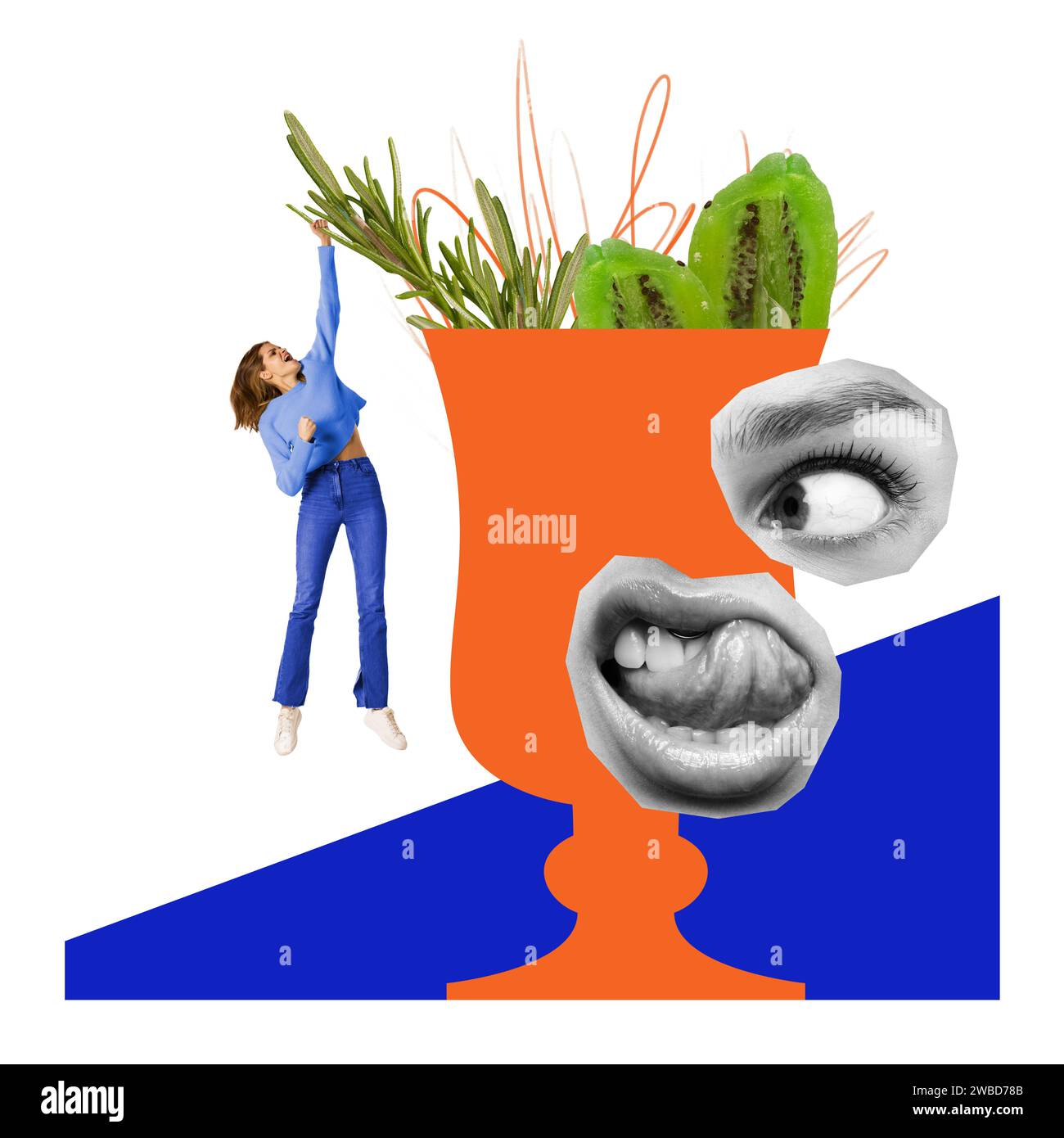 Contemporary art collage. girl hanging on a sprig of rosemary, looking ...