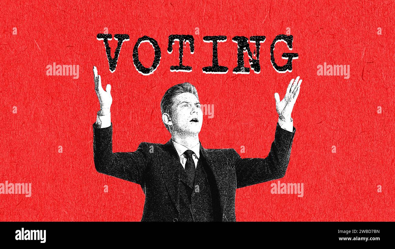 Young man, candidate for President standing, raising hands with word of ...