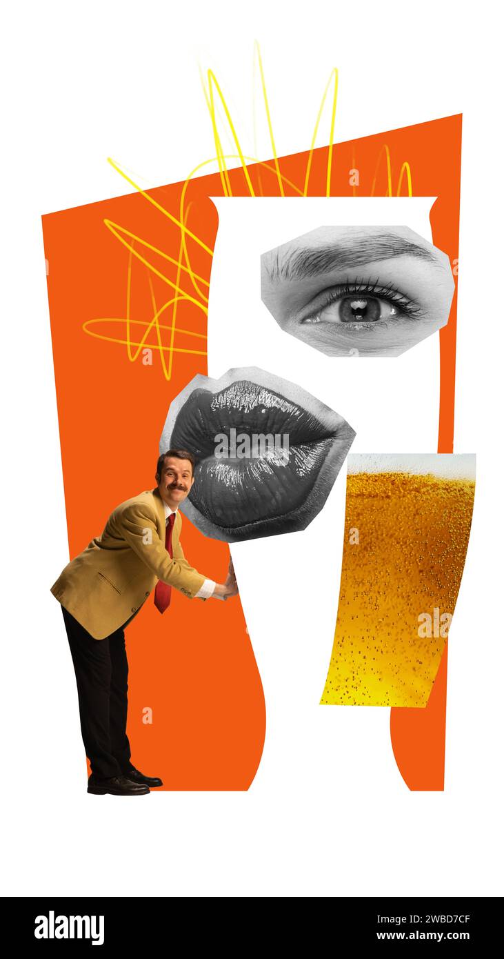 Contemporary art collage. Friday mood. Smiling man pulls glass of cold ...