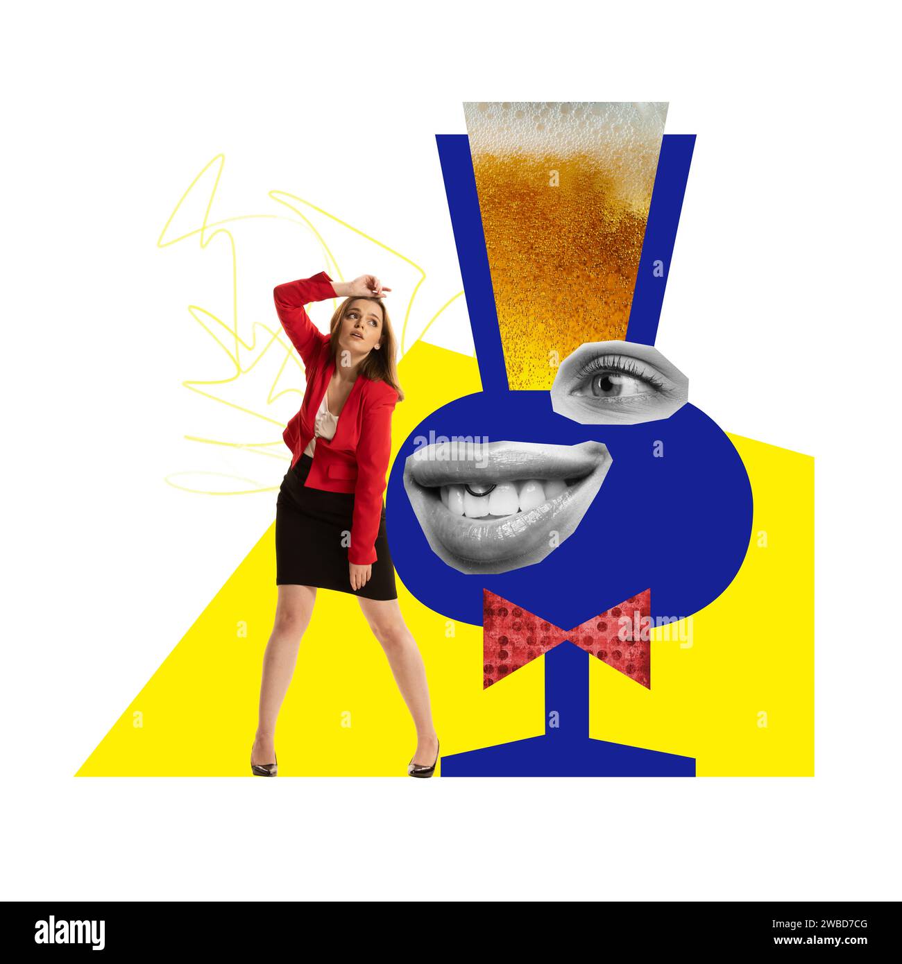 Contemporary art collage. Friday mood. Exhausted, tired young woman ...