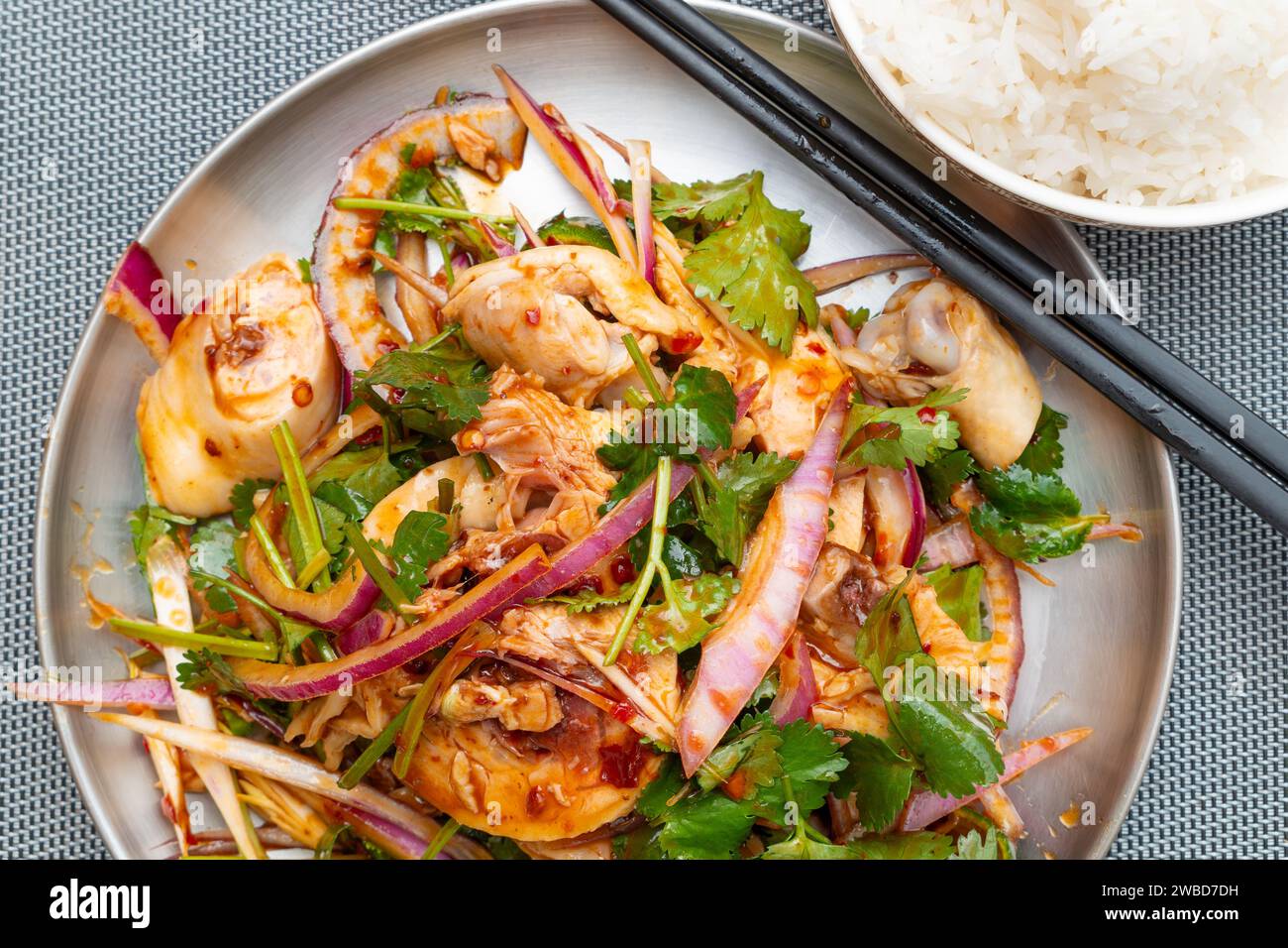 top view mouth-watering chicken or drooling chicken with rice at ...