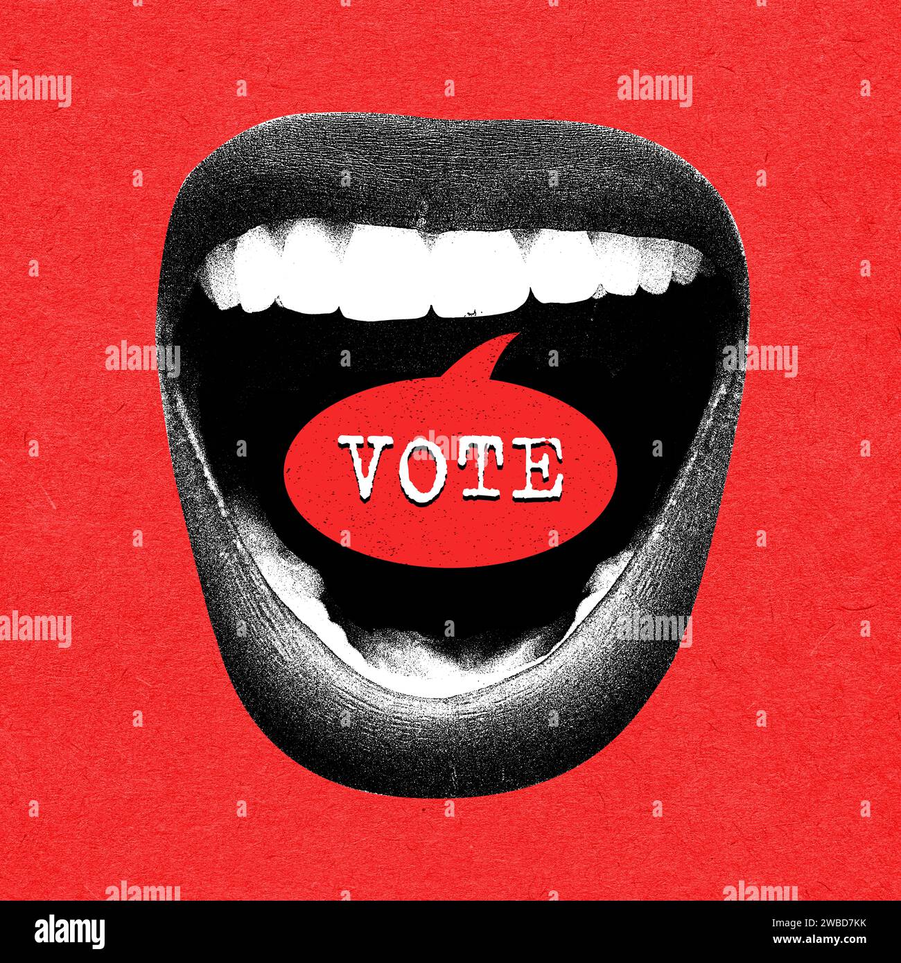 Female open mouth with word vote inside over red background. Taking ...