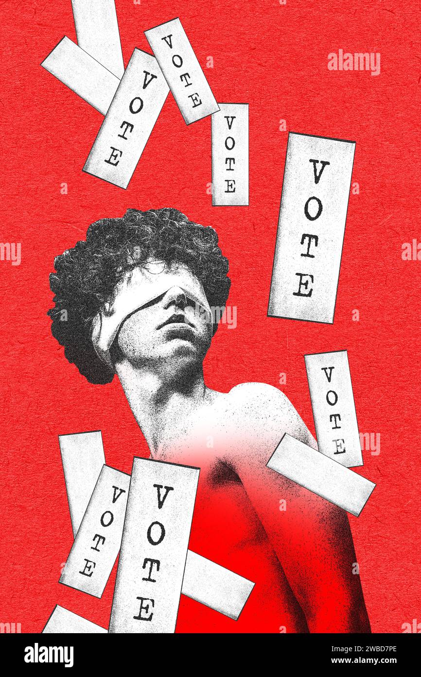 Man with covered eyes and vote words around. Blindly voting for ...