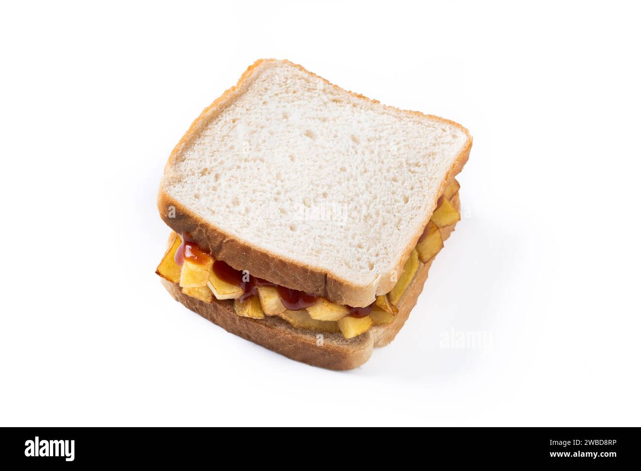Traditional British chip butty (french fry sandwich) isolated on white ...
