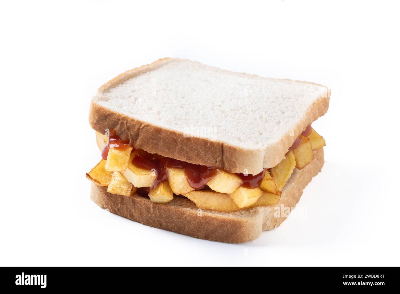 Traditional British chip butty (french fry sandwich) isolated on white ...