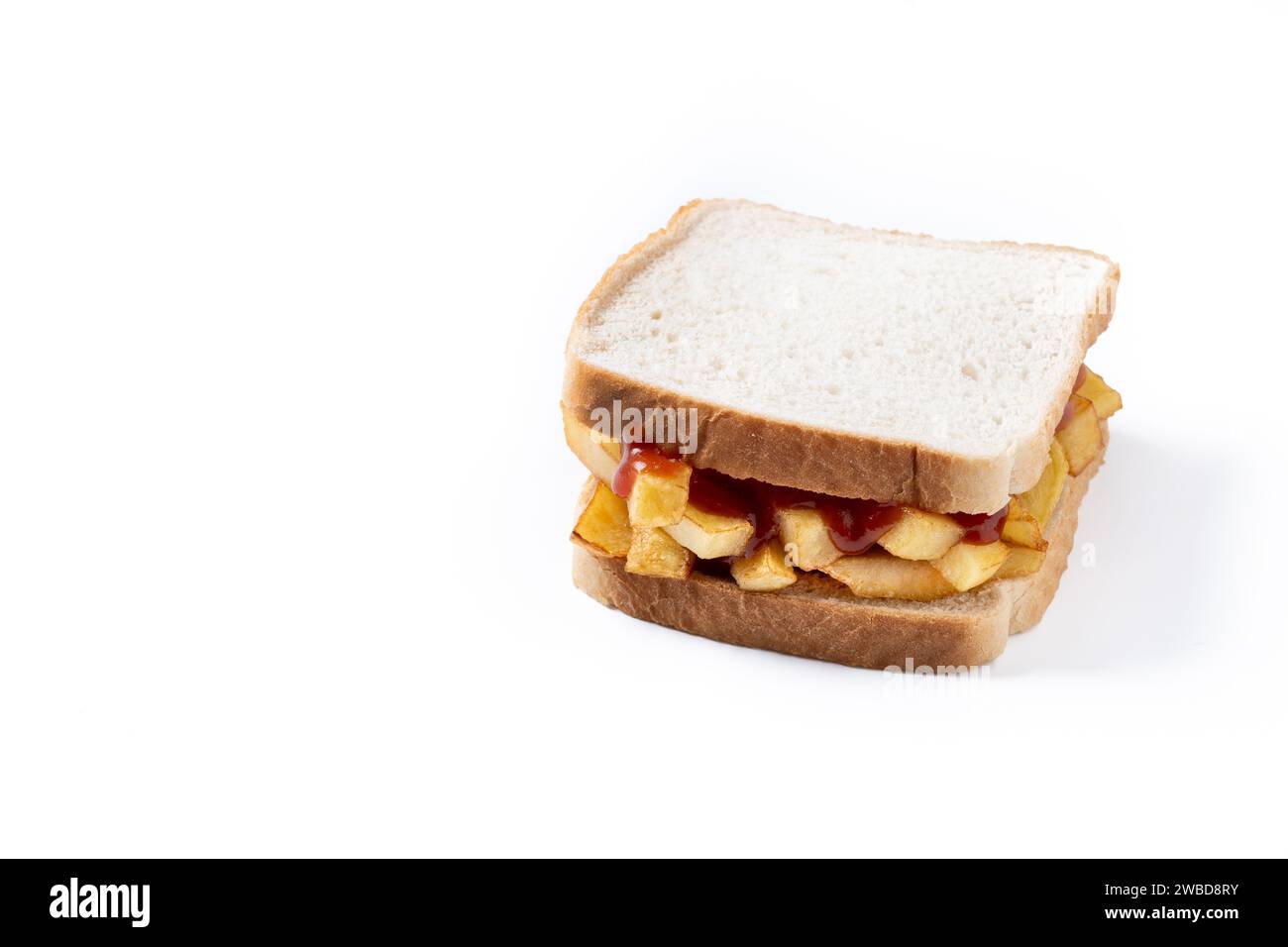 Traditional British chip butty (french fry sandwich) isolated on white ...