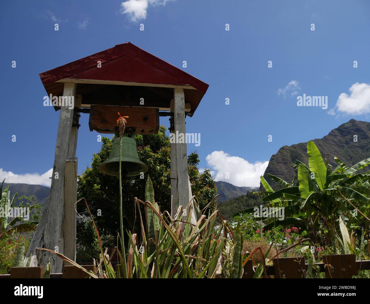 The bell near the church, in Ilet a malheur, Mafate cirque, Reunion ...
