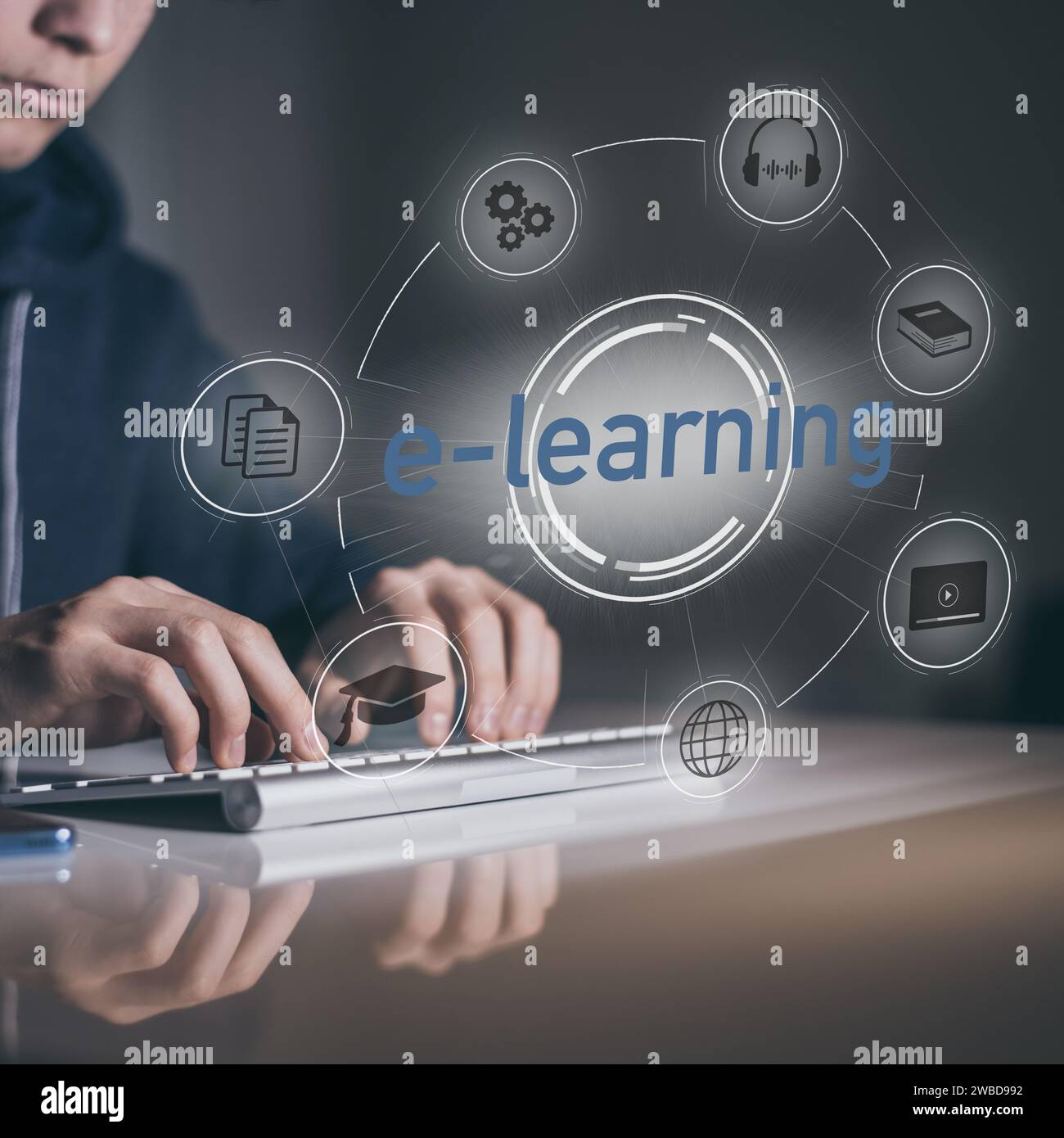 E-learning, education, study online concept. Boy typing on keyboard ...