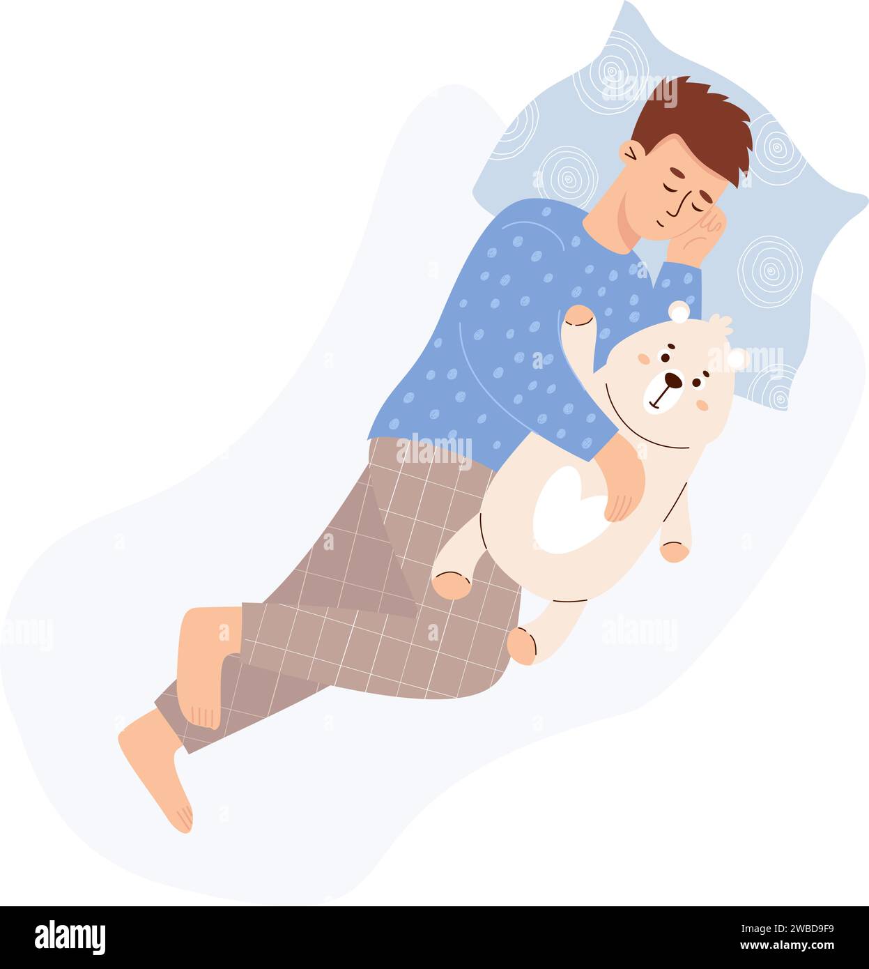 Sleeping man with plush teddy bear toy. Cute male character in flat ...