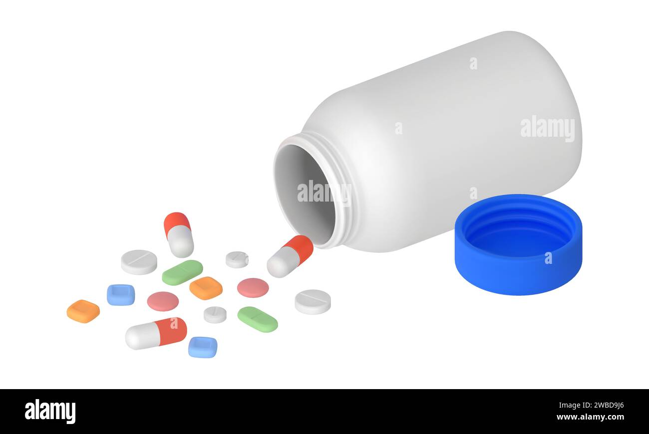 A Collection of Spilled Pills. A bottle of pills spilling out of it. 3D ...