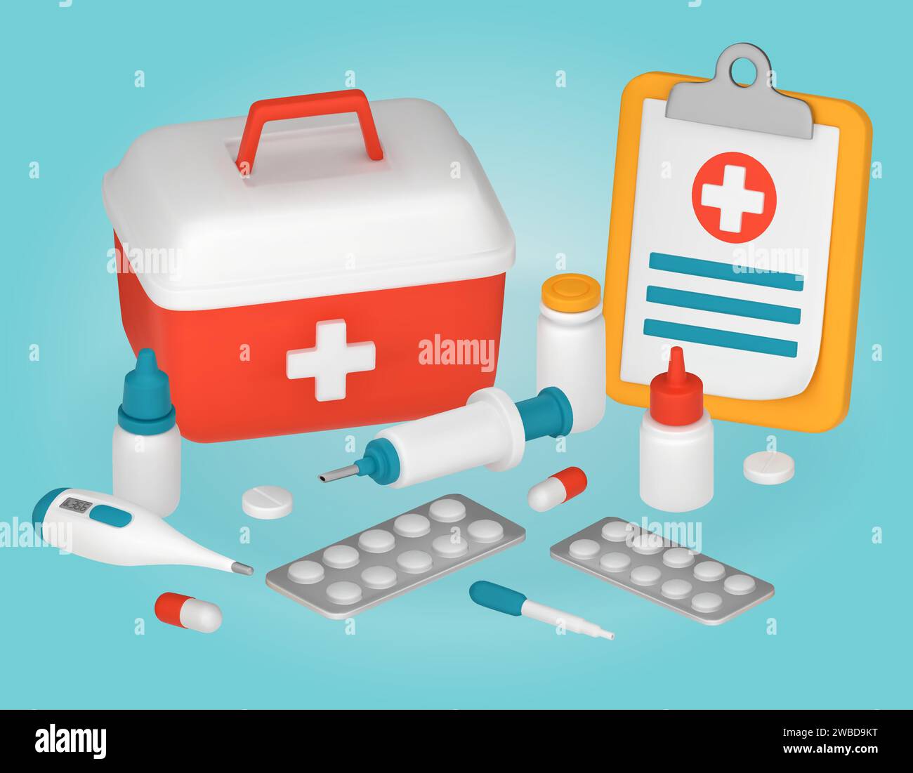 A first aid kit with medical supplies. Set of medical items, thermometer, syringe, pipette ...