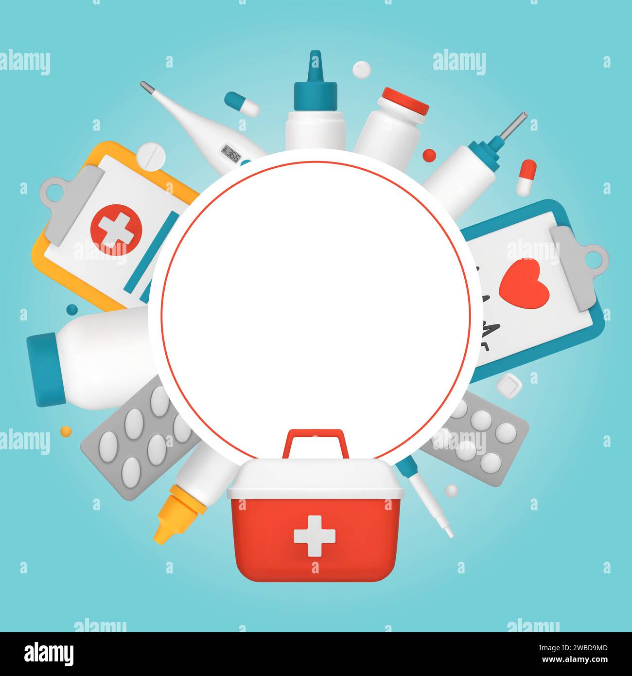A circular frame with a group of medical items around it. 3D vector ...