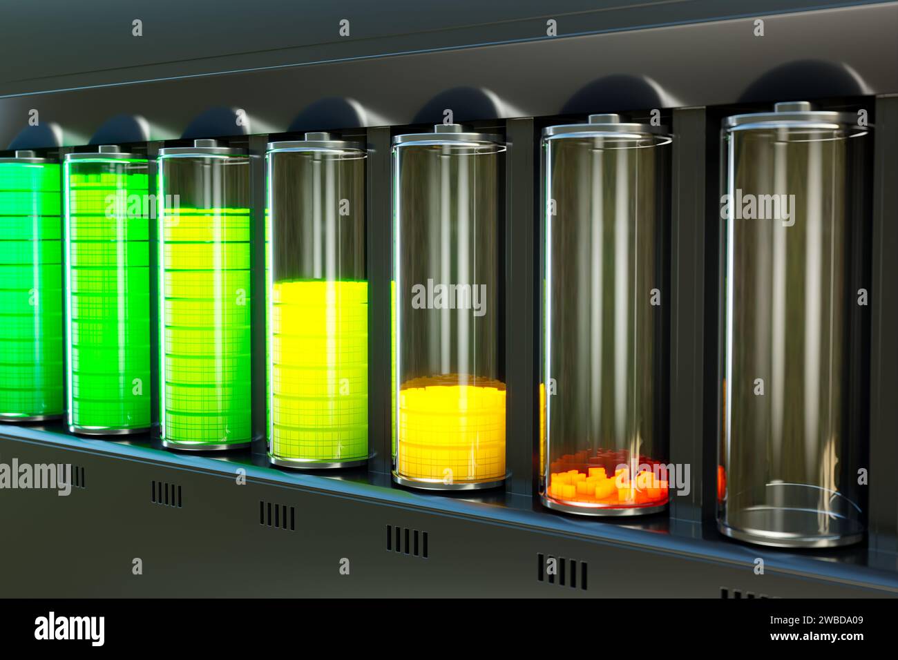 A meticulous display of lab test tubes filled with vivid chemical ...