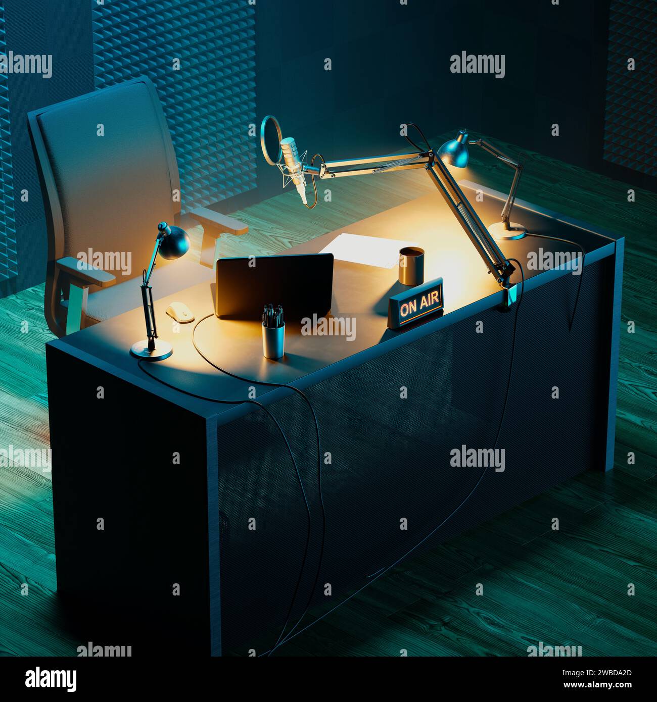 An upscale podcast recording studio setup captured at night, showcasing ...