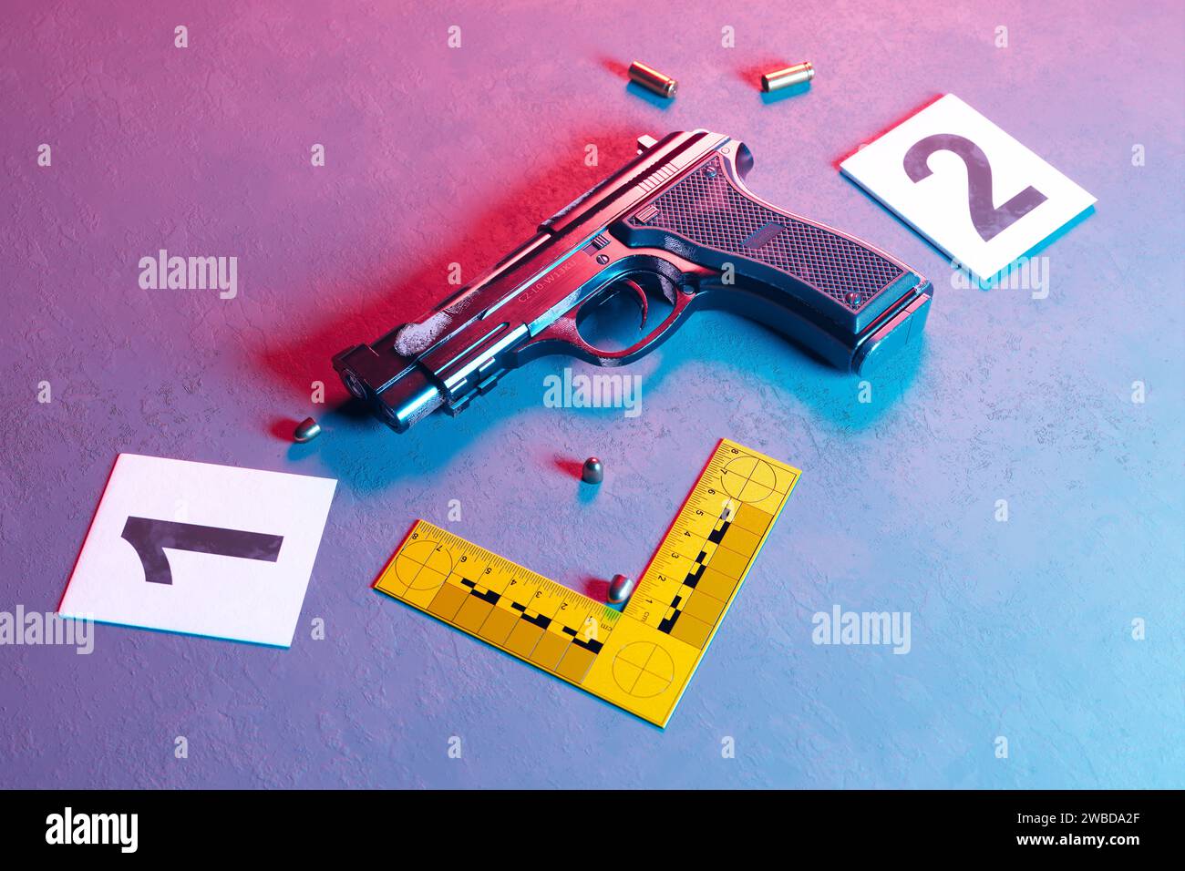 A meticulously arranged crime scene simulation featuring a handgun ...