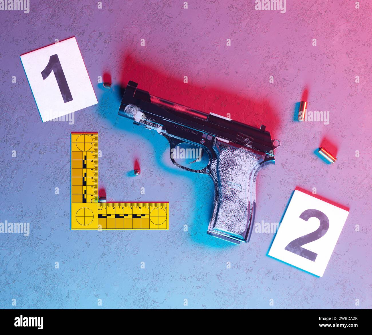 An extensive forensic crime scene layout captured from above, featuring ...