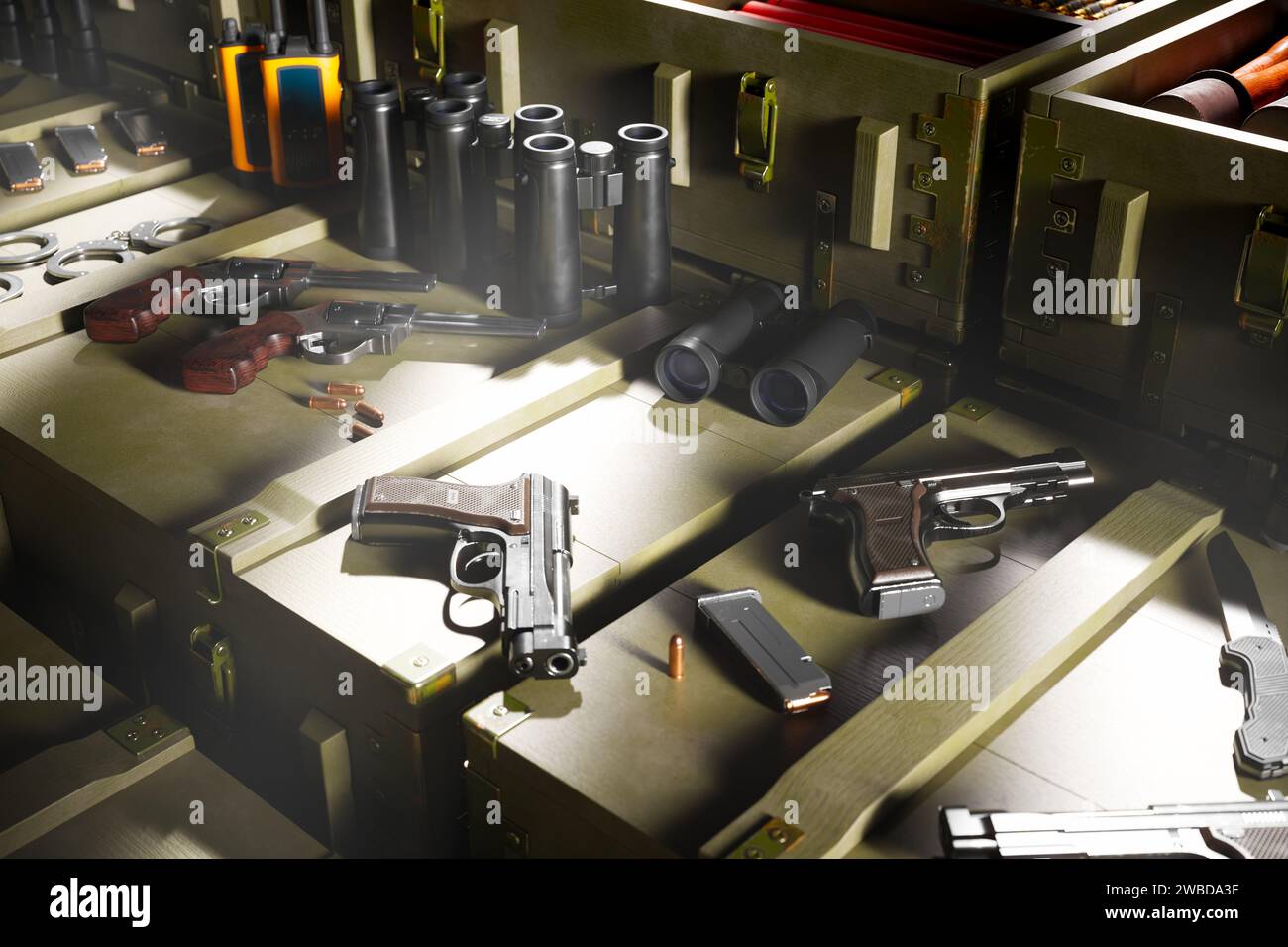 A meticulously organized selection of handguns, ammo, binoculars, and ...