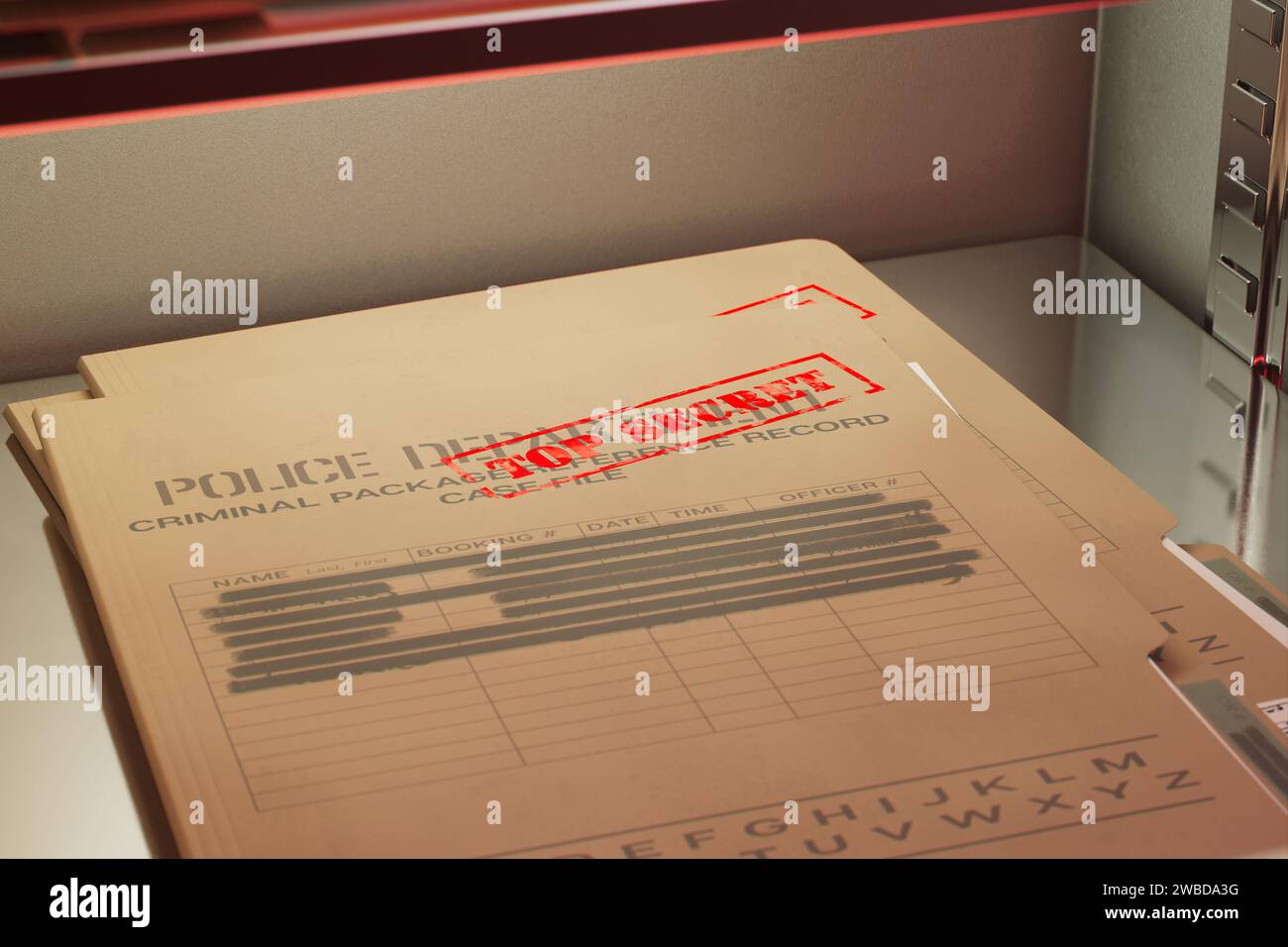 Close-up view of a confidential and redacted criminal case file tagged ...