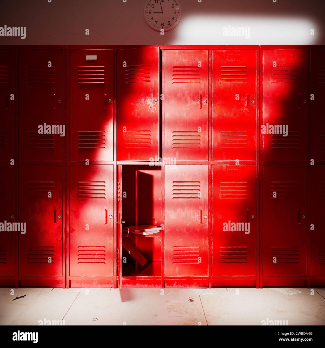Vibrant red school lockers lining a quiet corridor, one door ajar to ...