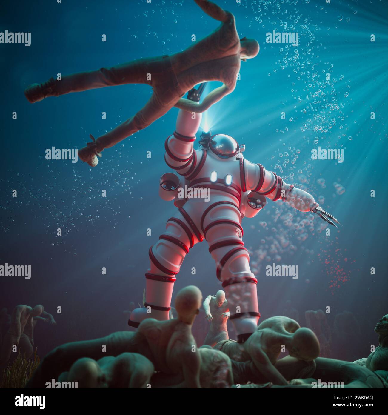 An astronaut drifts in the ocean's abyss, amidst enigmatic humanoid ...