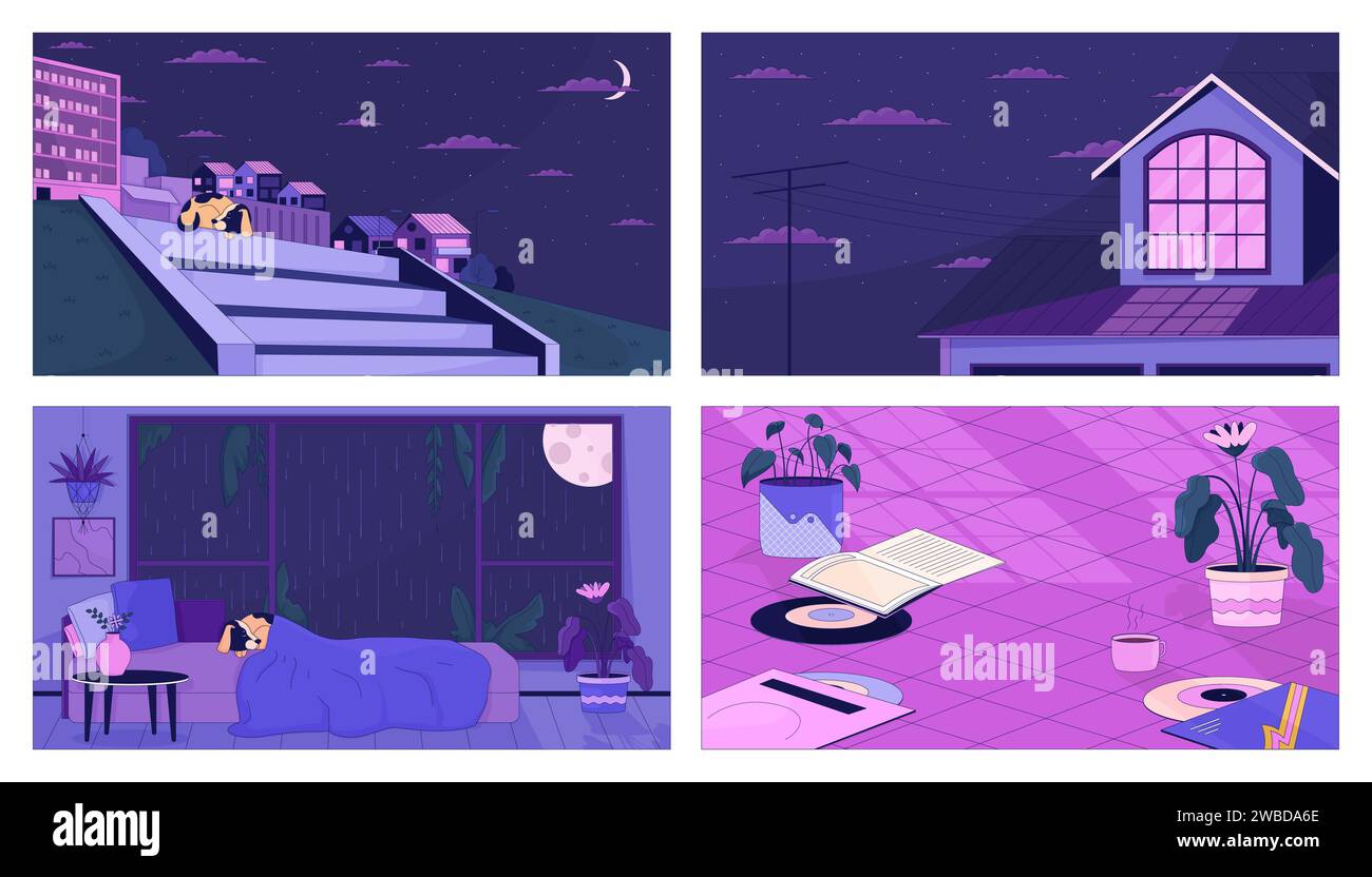 Cozy night life 2D cartoon backgrounds set Stock Vector Image & Art - Alamy