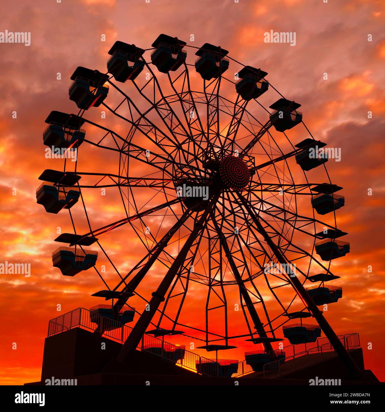 A striking silhouette of a traditional Ferris wheel etched against a ...