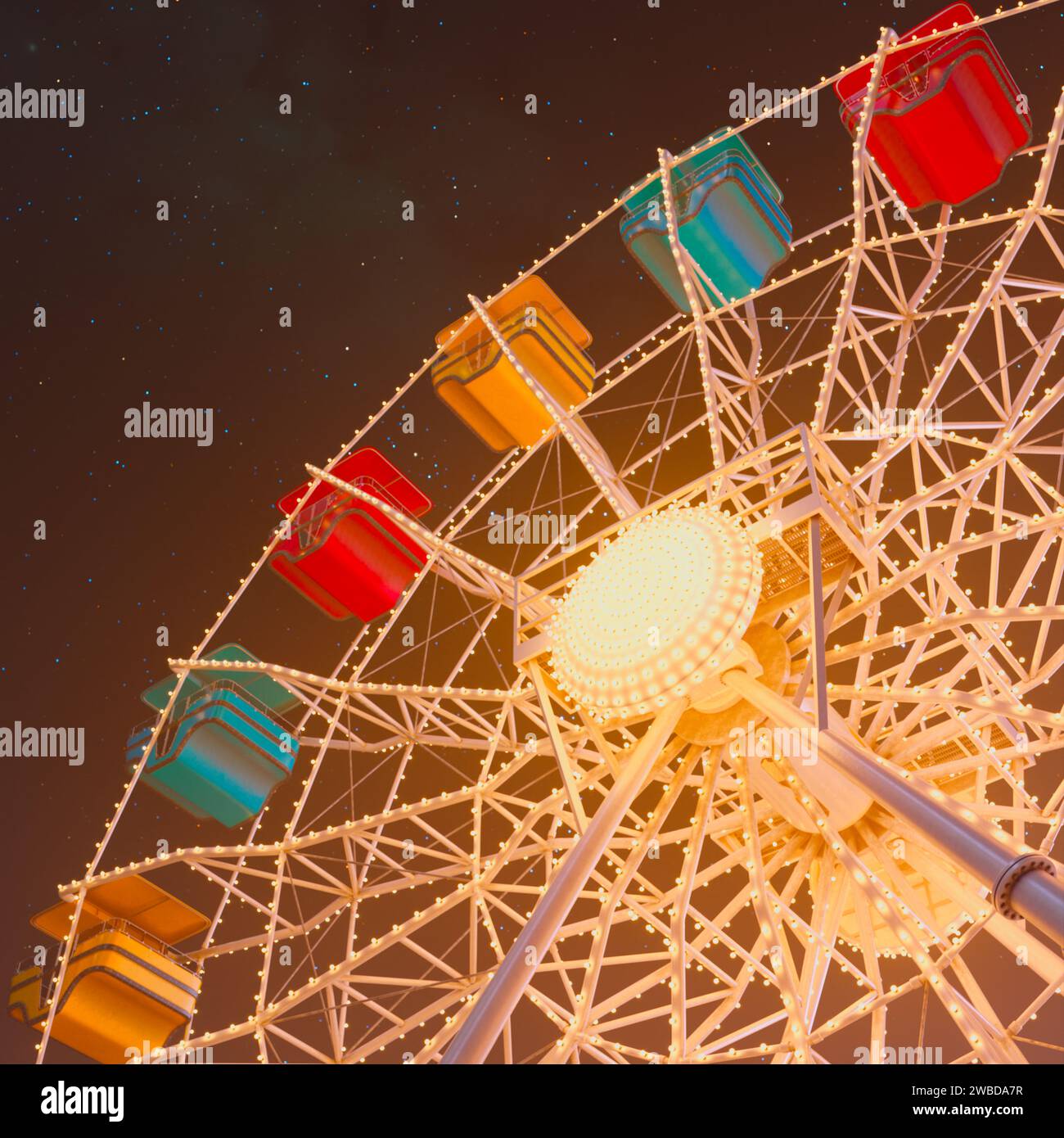 Majestic Ferris wheel with vibrant cabins stands tall, its lights a ...